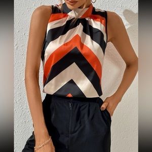 Tops | Luxe Chevron Pattern Tie Neck Sleeveless Blouse | Poshmark